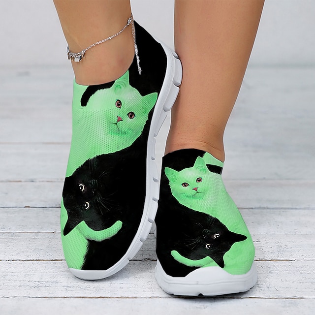 Women's Casual Slip-On Sneakers with Cute Cat Print – Lightweight and ...