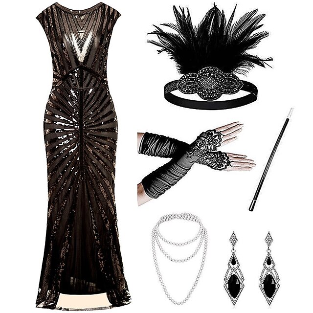 Roaring 20s 1920s Ankle Length Dress Evening Dress Outfits Cap Sleeves ...