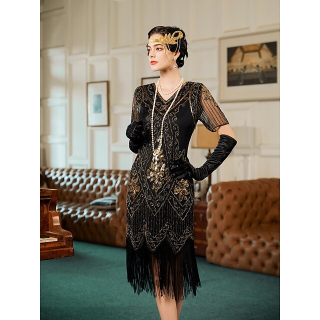 Roaring 20s 1920s Knee Length Flapper Dress Outfits Accessories Set ...