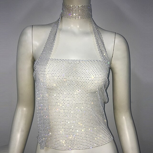 Metallic Sparkle Sexy Crop Tank Top Sheer Mesh Rhinestone Cover Up ...