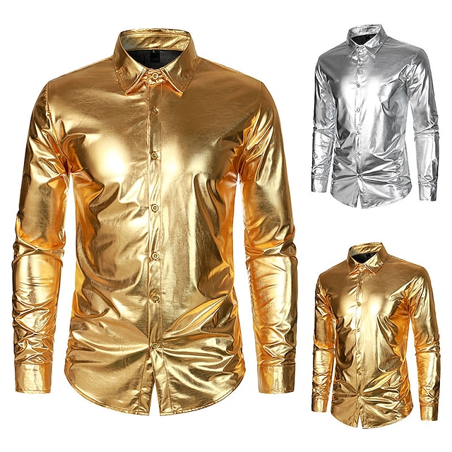 Retro Vintage 1980s Shiny Metallic Shirt Disco Solid Color Turndown ...