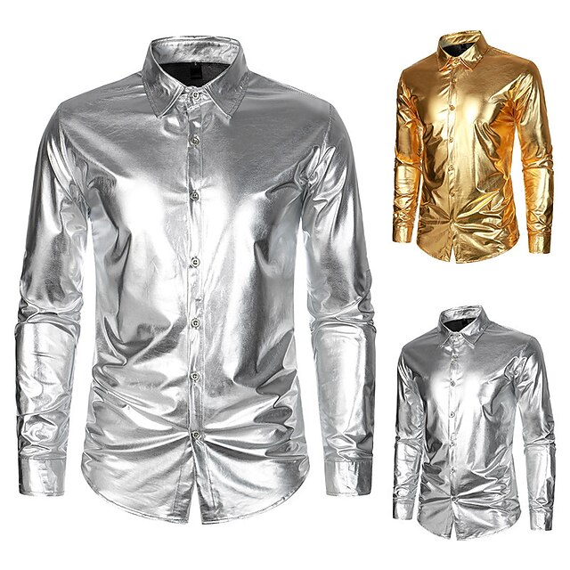Retro Vintage 1980s Shiny Metallic Shirt Disco Solid Color Turndown ...