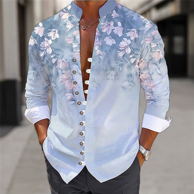 Men's Floral Shirt Linen Shirt Long Sleeve Casual Daily Wear Going out ...