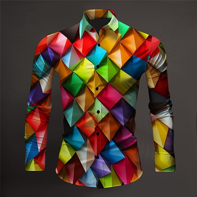 Men's Colorful Color Block Geometric Pattern Shirt Button Up Shirt Long ...