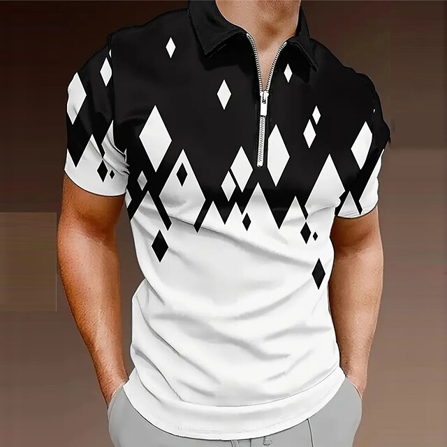 Men's Geometric Zip Polo Shirts Golf Shirt Short Sleeve Polo Shirts ...
