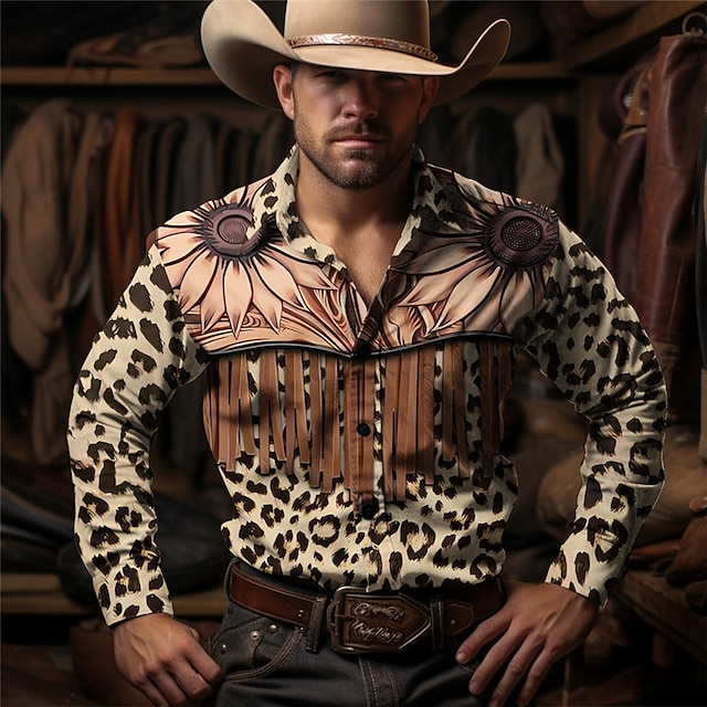 Men's Leopard Shirt Western Shirt Cowboy Shirt Long Sleeve Vintage ...