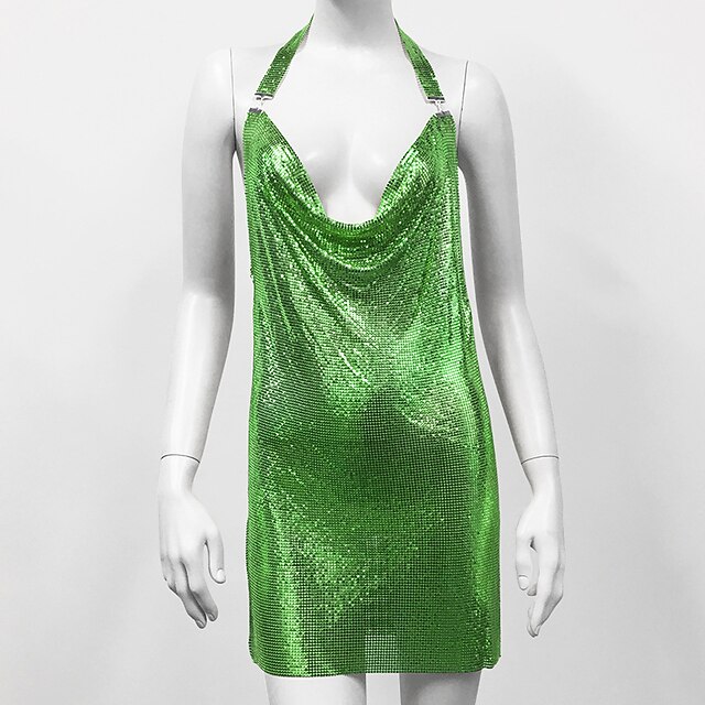 Metallic Backless Sparkle Body Chain Mini Dress Disco Sequins Solid ...