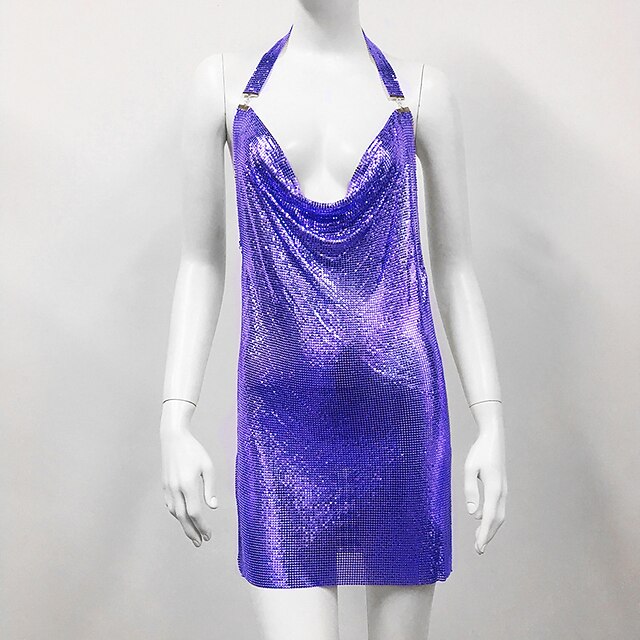 Metallic Backless Sparkle Body Chain Mini Dress Disco Sequins Solid ...
