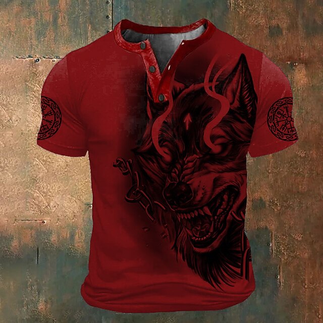 Men's Graphic Wolf T Shirt Henley Shirt Short Sleeve 3D Print Fashion ...