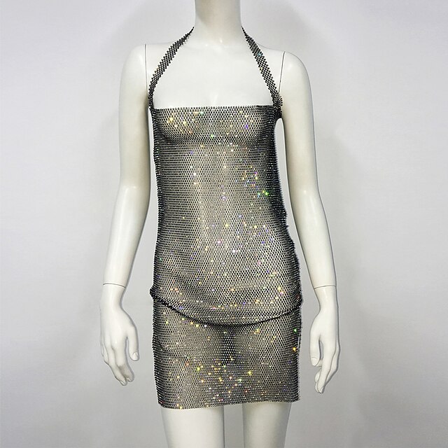 Metallic Sparkle Sexy Mini Dress Sheer Mesh Rhinestone Cover Up Disco ...