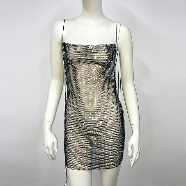 Metallic Backless Sparkle Mini Dress Sheer Mesh Rhinestone Cover Up ...