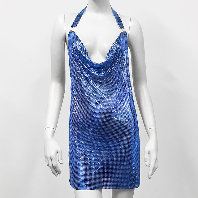Metallic Backless Sparkle Body Chain Mini Dress Disco Sequins Solid ...
