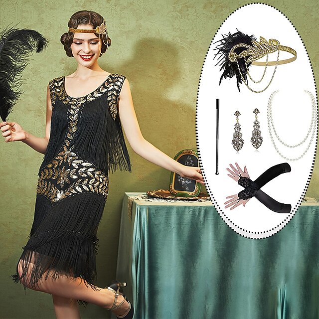 Set with Flapper Dress Feather Headband Faux Pearl Necklace Long Opera ...
