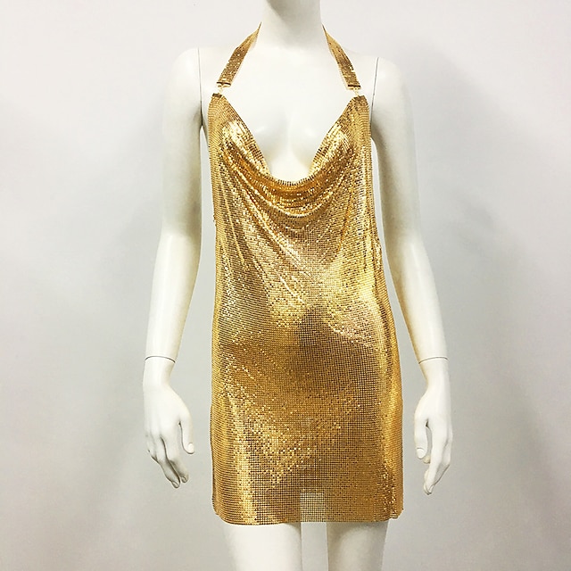 Metallic Backless Sparkle Body Chain Mini Dress Disco Sequins Solid ...