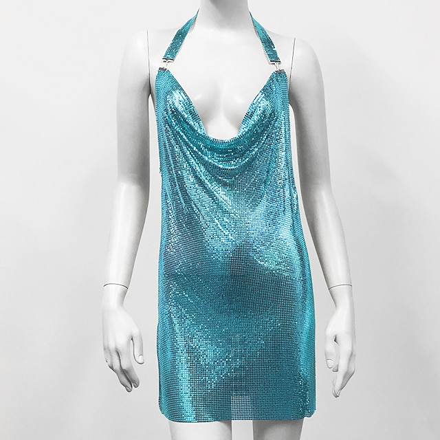 Metallic Backless Sparkle Body Chain Mini Dress Disco Sequins Solid ...