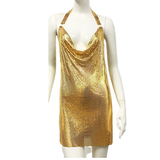 Metallic Backless Sparkle Body Chain Mini Dress Disco Sequins Solid ...