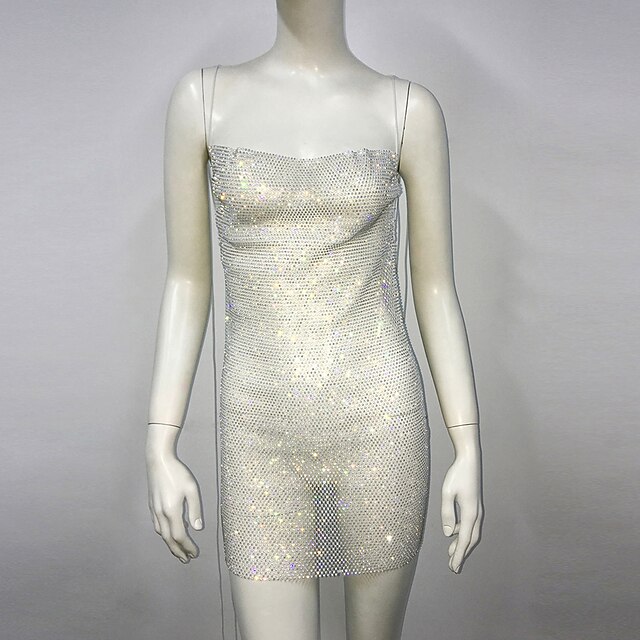Metallic Backless Sparkle Mini Dress Sheer Mesh Rhinestone Cover Up ...