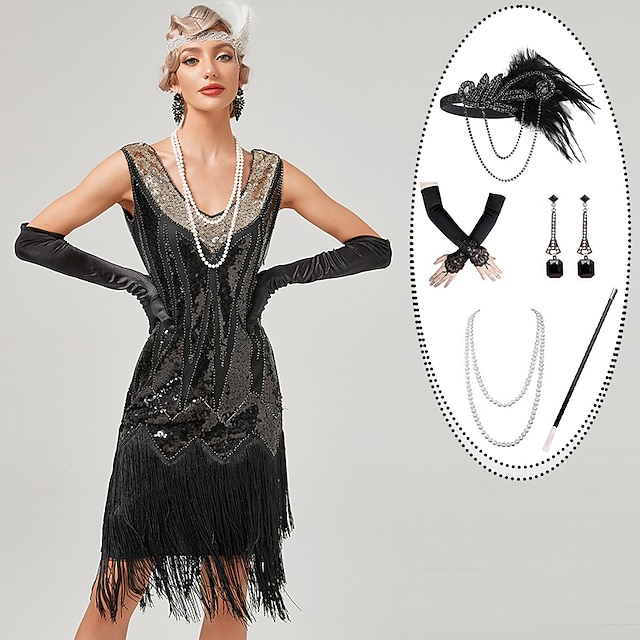 Set mit Flapper-Kleid, Feder-Stirnband, Kunstperlen-Halskette, langen ...