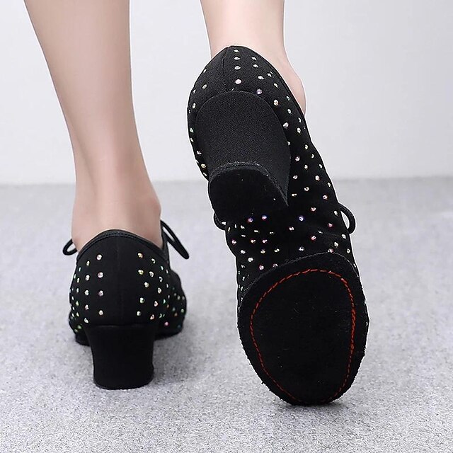 Women's Black Rhinestone Dance Shoes - Sparkling Suede Lace-Up Latin ...