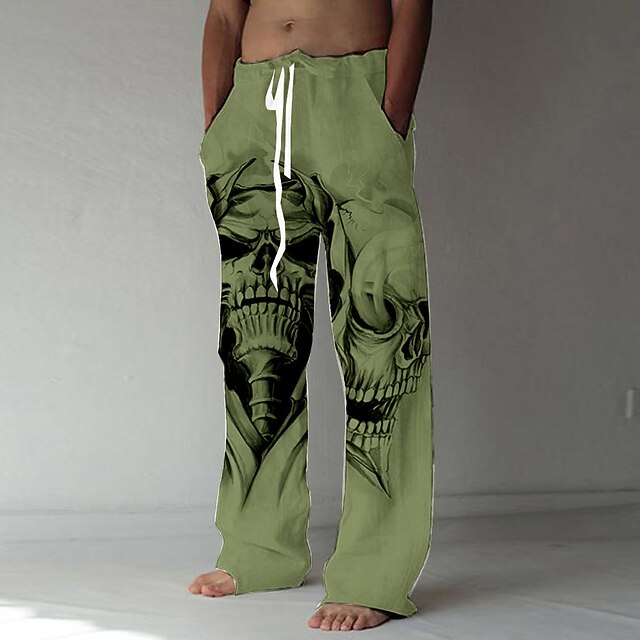 Men's Skull Graphic Prints Linen Pants Trousers Baggy Pants Mid Waist ...