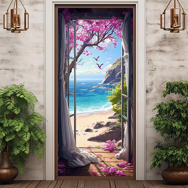 Window View Beach Door Covers Mural Decor Door Tapestry Door Curtain ...