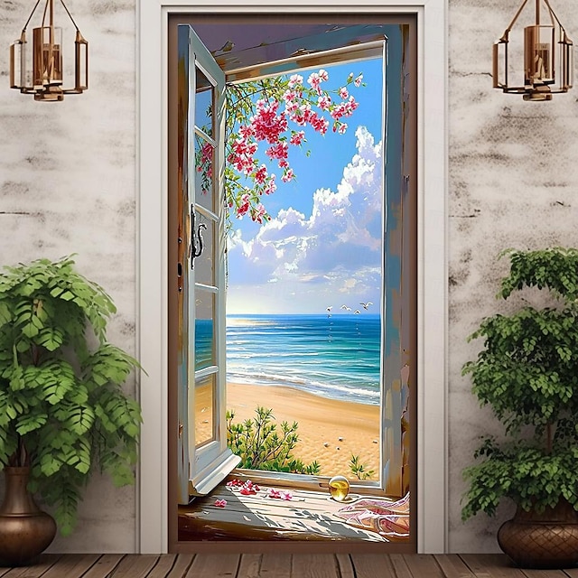 Window View Beach Door Covers Mural Decor Door Tapestry Door Curtain ...