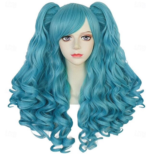 Long Blue Curly Ponytail Wig Light Blue Wig with 2 Ponytails Lolita Wig ...