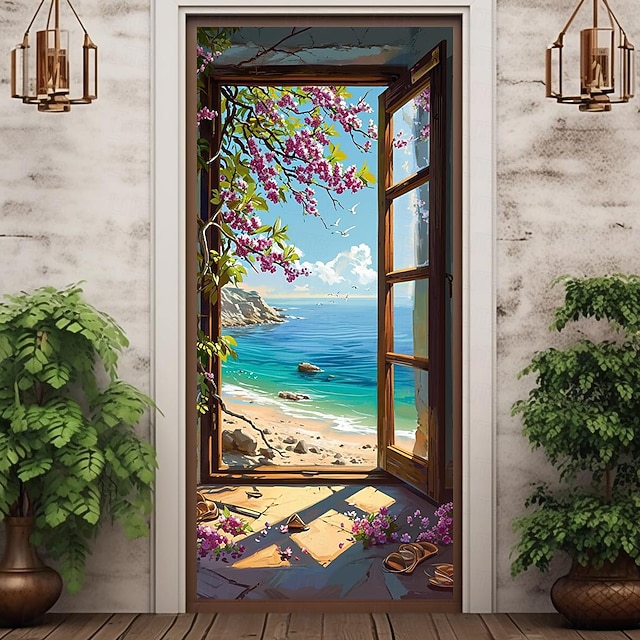 Window View Beach Door Covers Mural Decor Door Tapestry Door Curtain ...