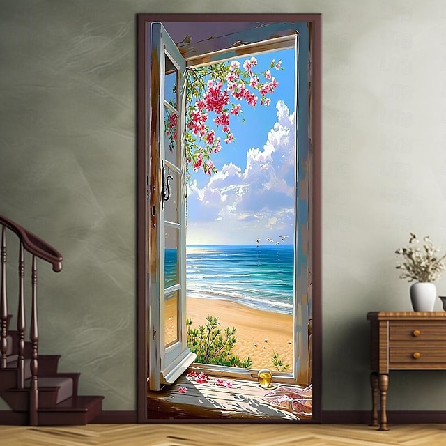 Window View Beach Door Covers Mural Decor Door Tapestry Door Curtain ...