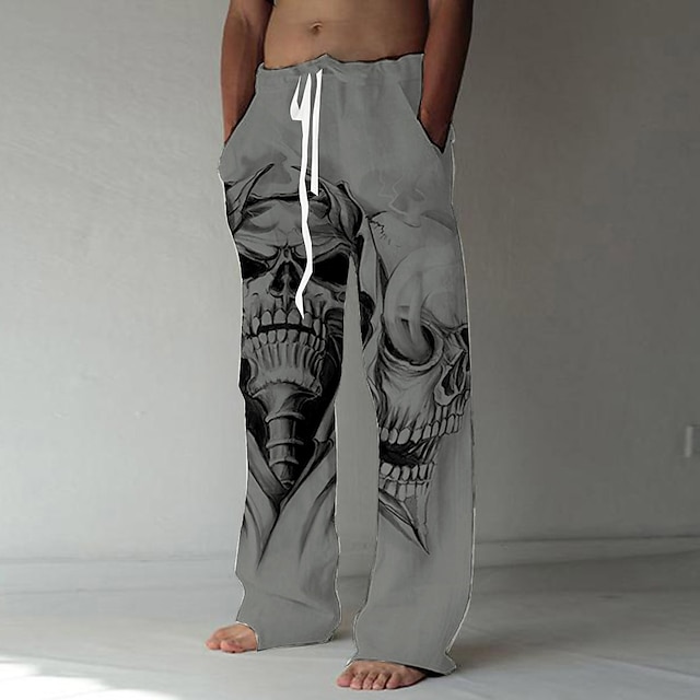 Men's Skull Graphic Prints Linen Pants Trousers Baggy Pants Mid Waist ...