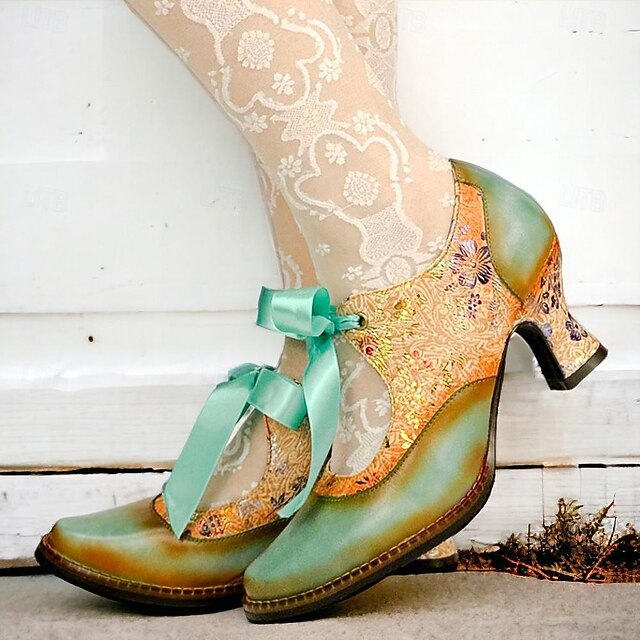 Women's Vintage Floral Lace-Up Heels – Elegant Green & Gold Victorian ...