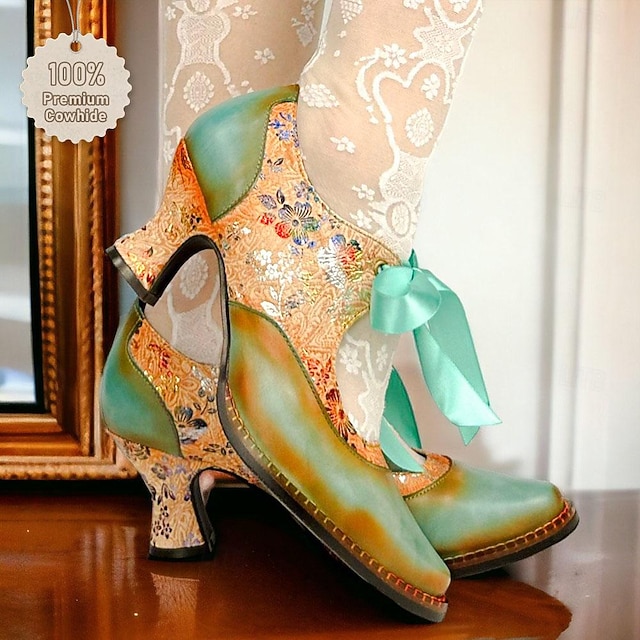 Women's Vintage Floral Lace-Up Heels – Elegant Green & Gold Victorian ...