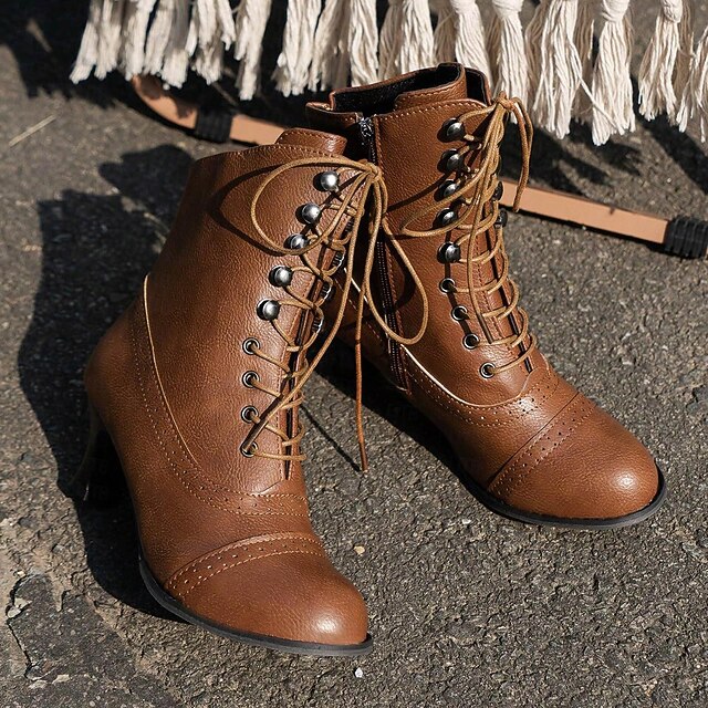 Women's Victorian Brown Lace-Up Mid-Heel Boots with Zipper - Perfect ...