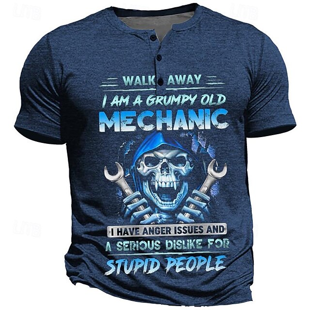 Grumpy Mechanic Skulls Men's Punk Style 3D Printed Henley T shirt Tee ...
