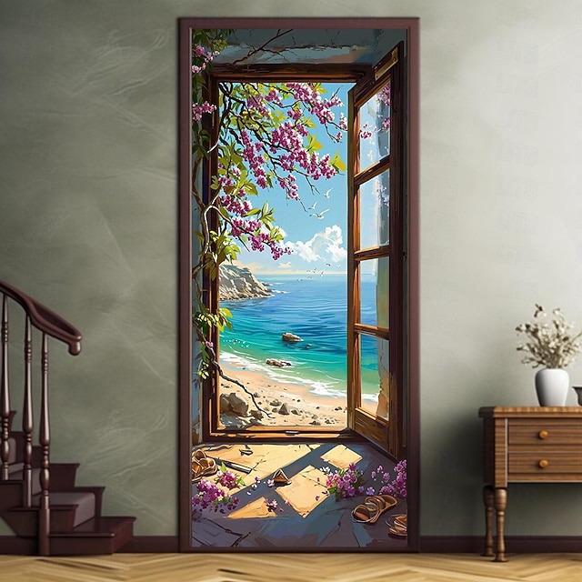Window View Beach Door Covers Mural Decor Door Tapestry Door Curtain ...