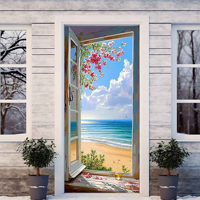 Window View Beach Door Covers Mural Decor Door Tapestry Door Curtain ...