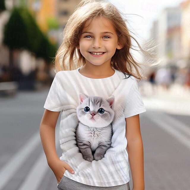 Girls' 3D Cat Tee Shirts Short Sleeve 3D Print Summer Active Fashion ...