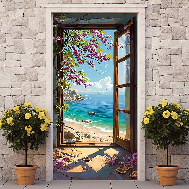 Window View Beach Door Covers Mural Decor Door Tapestry Door Curtain ...