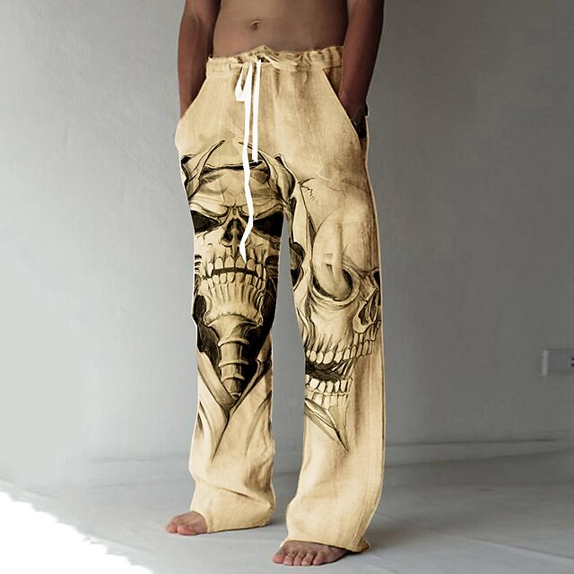Men's Skull Graphic Prints Linen Pants Trousers Baggy Pants Mid Waist ...