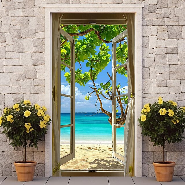 Window View Beach Door Covers Mural Decor Door Tapestry Door Curtain ...