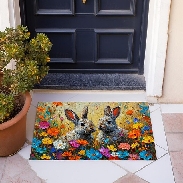 Painting Easter Rabbits Flowers Doormat Floor Mats Washable Rugs ...