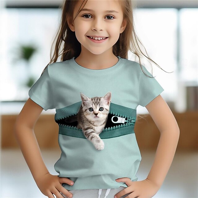 Girls' 3D Cat Tee Shirts Pink Short Sleeve 3D Print Summer Active Fashion Cute Kids 3-12 Years ...