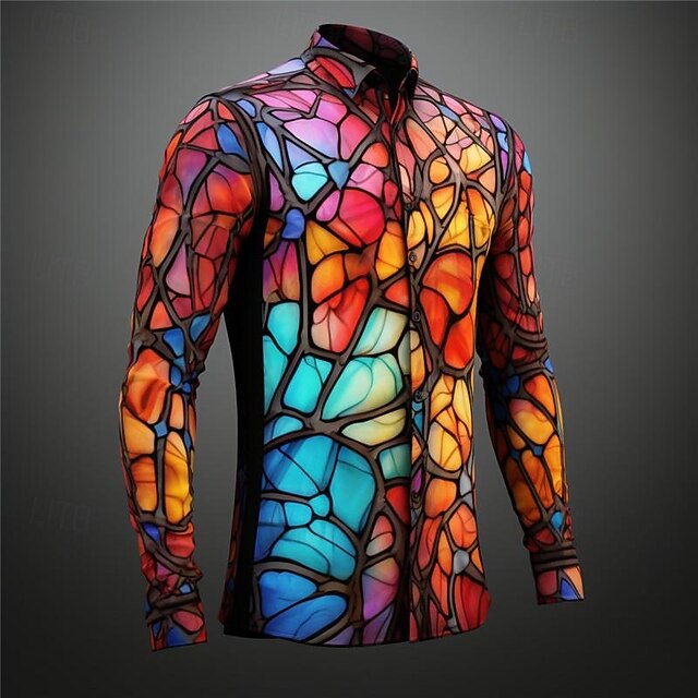 Men's Colorful Color Block Shirt Long Sleeve Artistic Abstract Daily ...