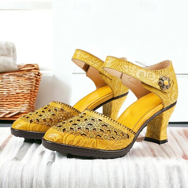 Women's Purple Vintage Cowhide Heels with Handcrafted Embossed Floral ...