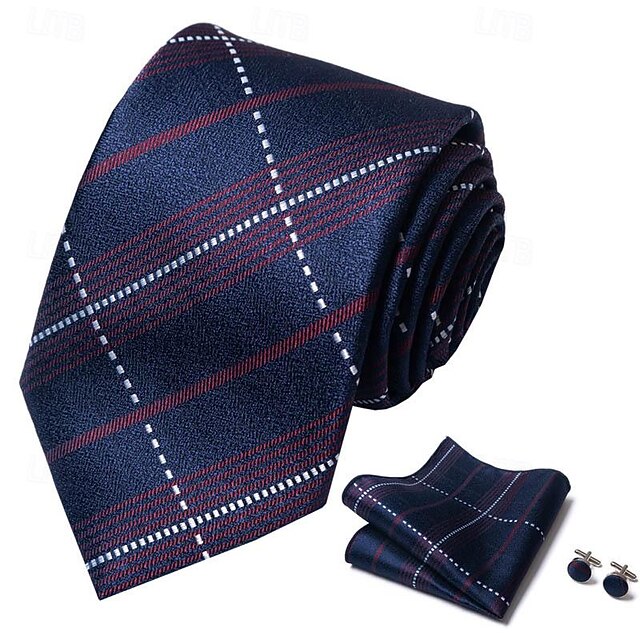 Classic Ties for Men Set Formal Pocket Square Cufflink Check Plaid ...