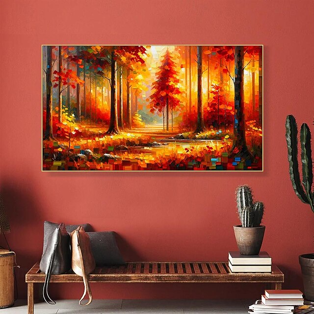 Hand painted 3D forest Maple Red Textured painting Wall Art Sunset ...