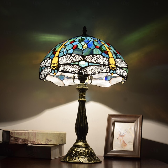Blue Green Stained Glass Vintage Table Lamp 12X12X18 Inches Dragonfly ...