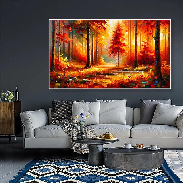 Hand painted 3D forest Maple Red Textured painting Wall Art Sunset ...