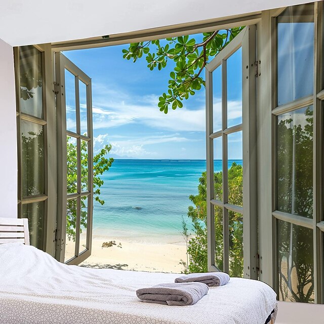 Window View Beach Hanging Tapestry Wall Art Large Tapestry Mural Decor ...