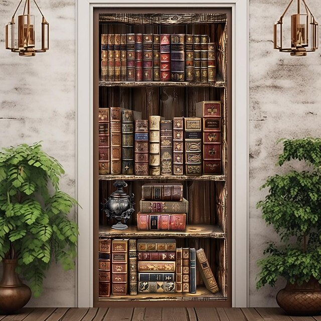 Vintage Bookshelf Door Covers Mural Decor Door Tapestry Door Curtain ...